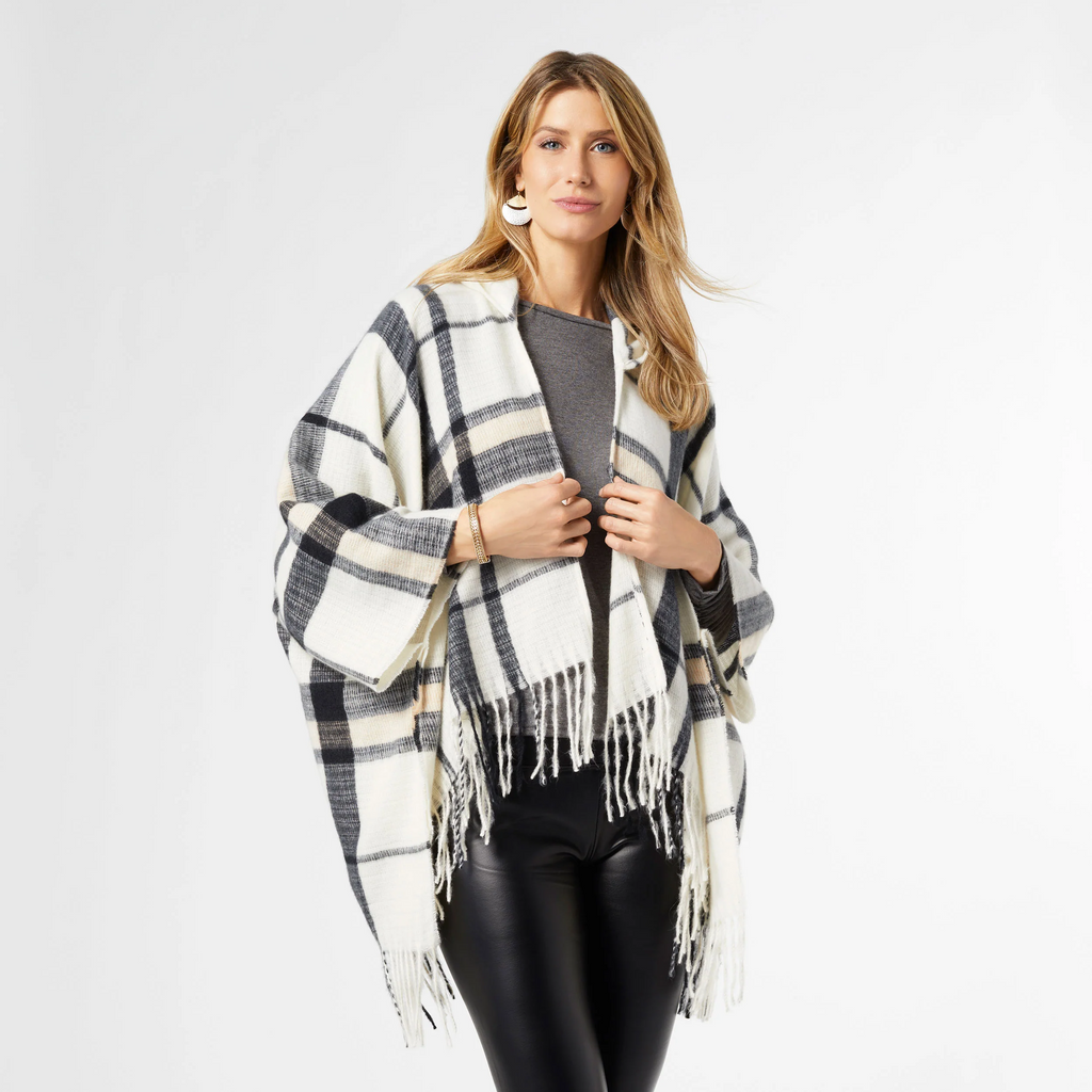 Journee Brushed Hooded Ruana In Ivory/Black – Mermaid Cove
