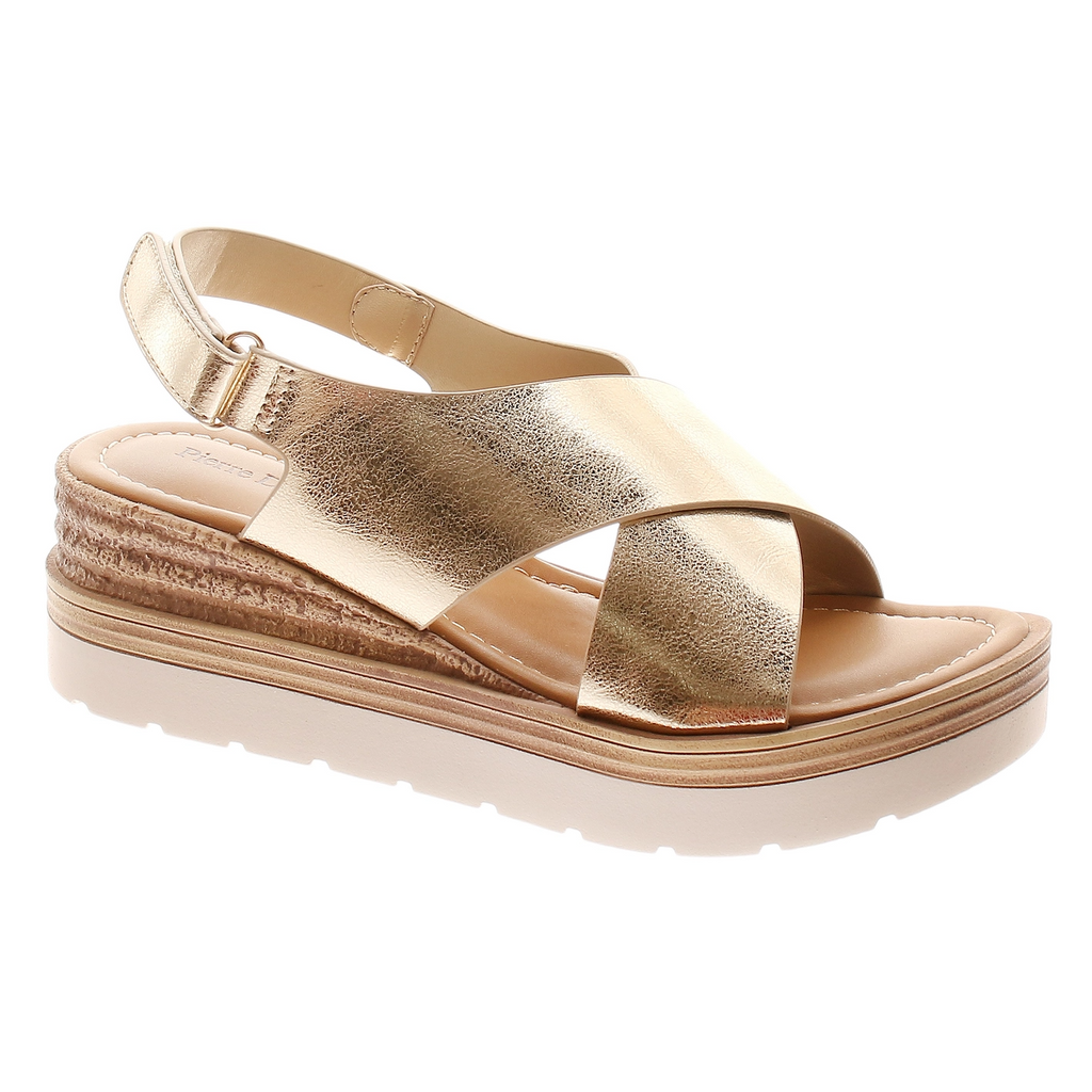 Pierre Dumas Patch Wedge Sandal In Gold – Mermaid Cove