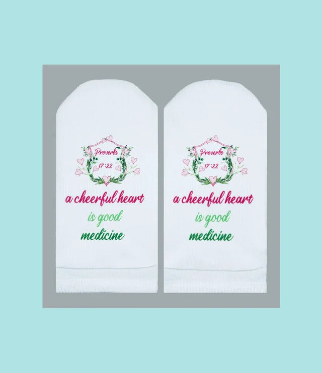 Standing in the Word Socks Hearts Crest with verse: Proverbs 17:22 Che ...