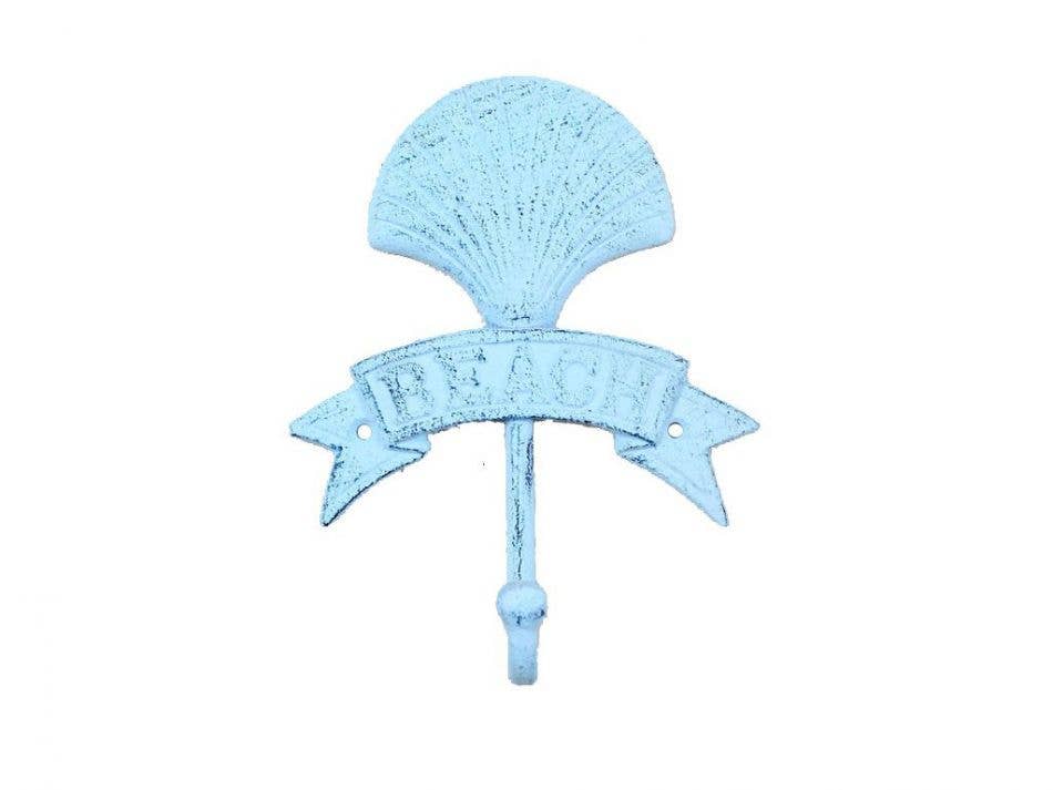 Rustic Dark Blue Whitewashed Cast Iron Seashell Beach Hook 8" – Mermaid ...