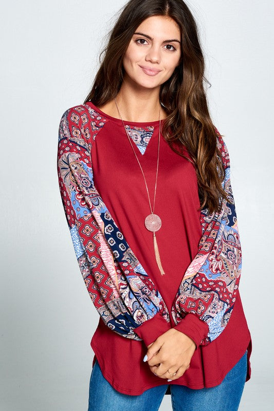 Patchwork Balloon Sleeve Raglan Top – Mermaid Cove